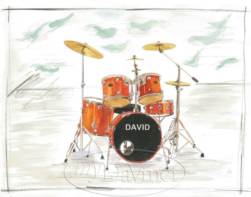 Personalized Drum Set Watercolor Print with Text