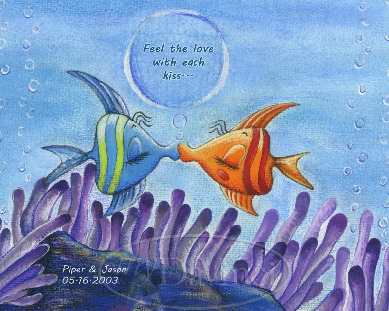 Fish Kisses - Watercolor Print with Custom Text