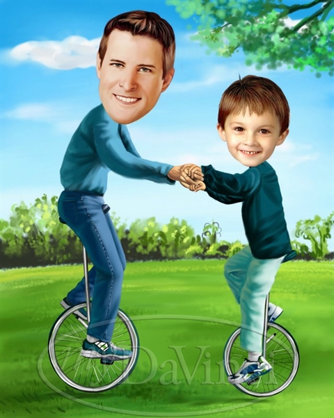 Father and Son Unicycles Caricature from Photos